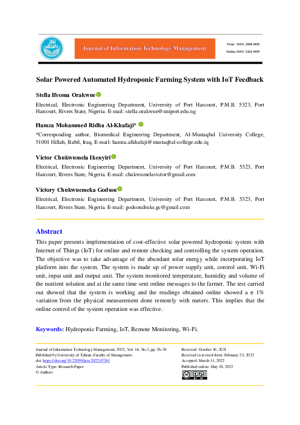 (PDF) Solar Powered Automated Hydroponic Farming System with IoT Feedback