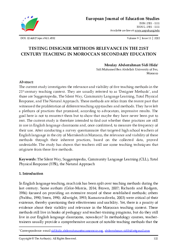 (PDF) Testing Designer Methods Relevance in the 21ST Century Teaching ...