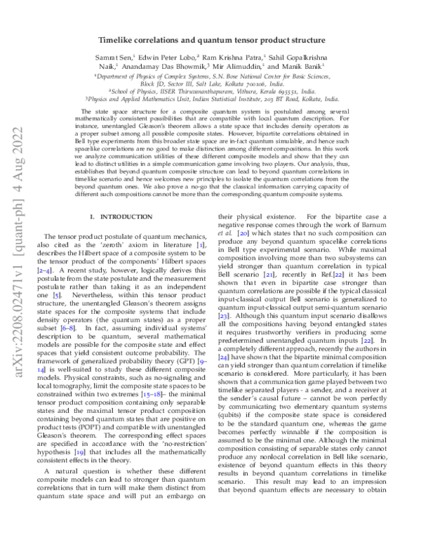 (PDF) Timelike correlations and quantum tensor product structure