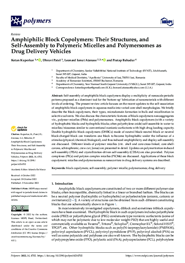 (PDF) Amphiphilic Block Copolymers: Their Structures, and Self-Assembly to Polymeric Micelles ...