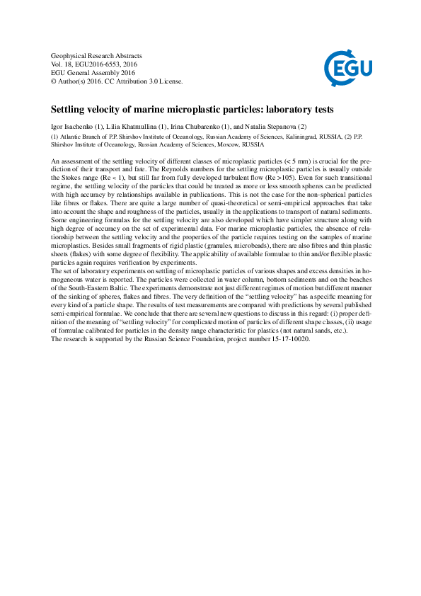 (PDF) Settling velocity of marine microplastic particles: laboratory tests
