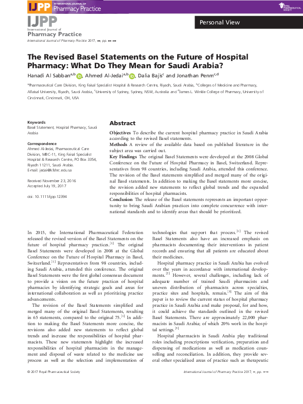 (PDF) The Revised Basel Statements on the Future of Hospital Pharmacy ...