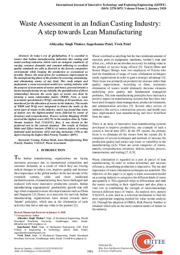 (PDF) Waste Assessment in an Indian Casting Industry: A step towards Lean Manufacturing