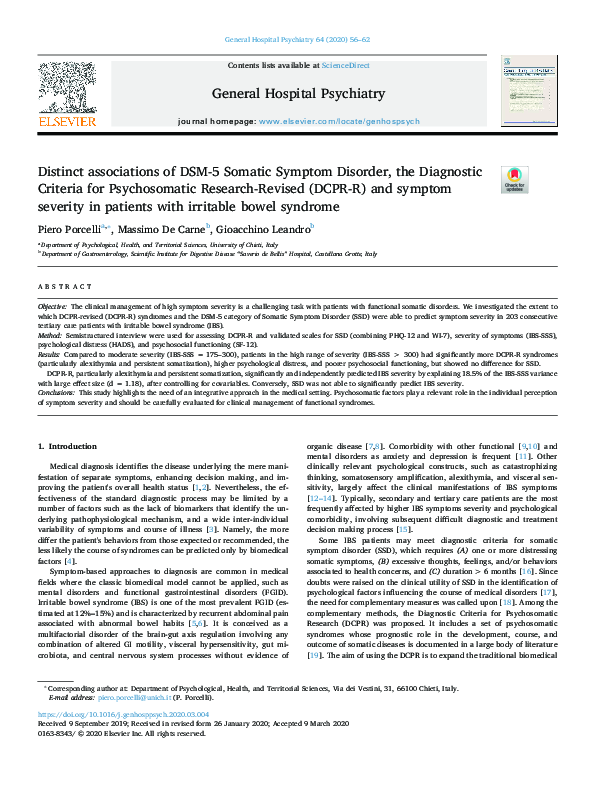 (PDF) Distinct associations of DSM-5 Somatic Symptom Disorder, the ...