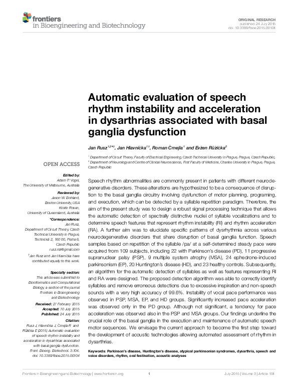 (PDF) Automated Speech Rhythm Analysis in Dysarthria