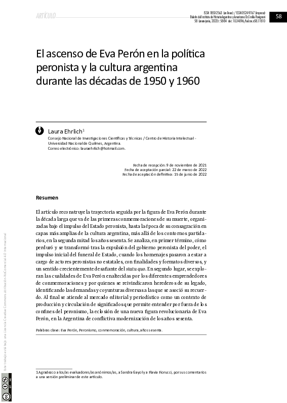 (PDF) El ascenso de Eva Perón en la política peronista y la cultura argentina durante las ...