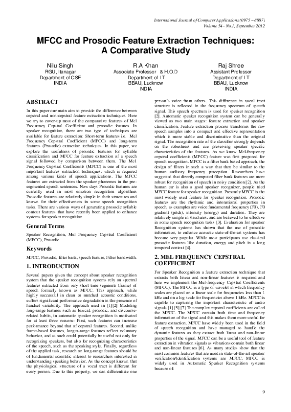 (PDF) MFCC and Prosodic Feature Extraction Techniques: A Comparative Study