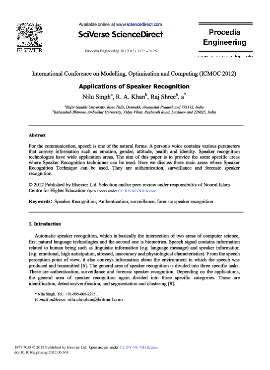 Pdf Applications Of Speaker Recognition