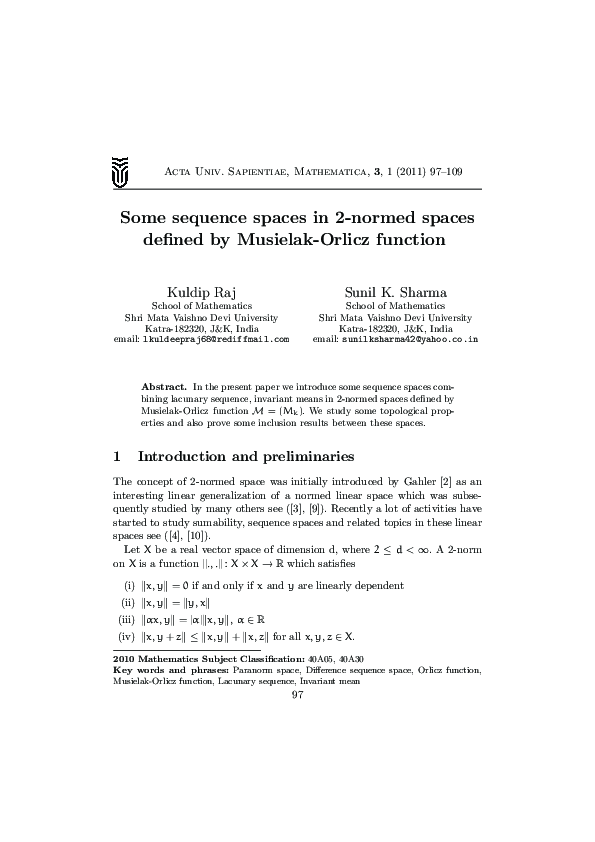 Pdf Some Sequence Spaces Defined By A Musielak Orlicz Function In N Normed Spaces Sunil