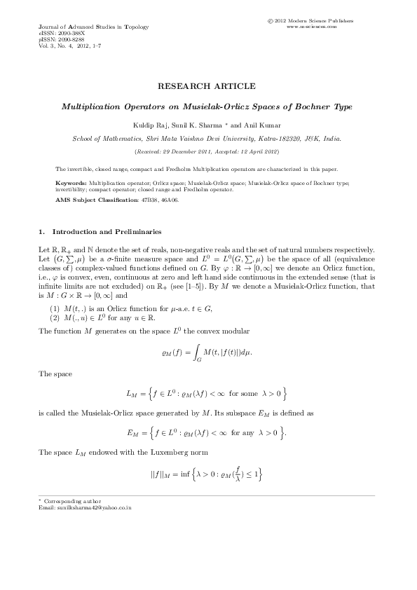 Pdf Multiplication Operators On Musielak Orlicz Spaces Of Bochner Type