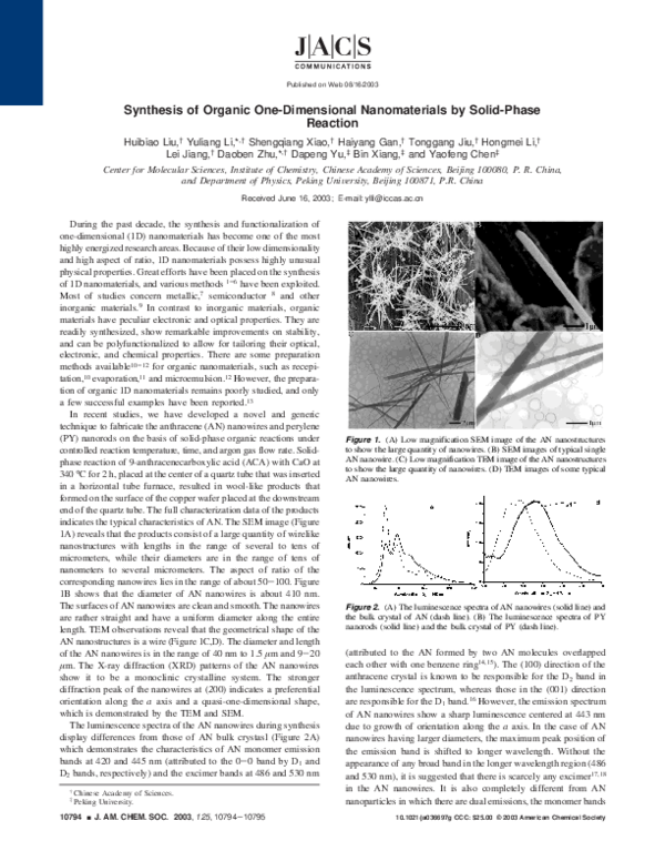 (PDF) Synthesis of Organic One-Dimensional Nanomaterials by Solid-Phase Reaction