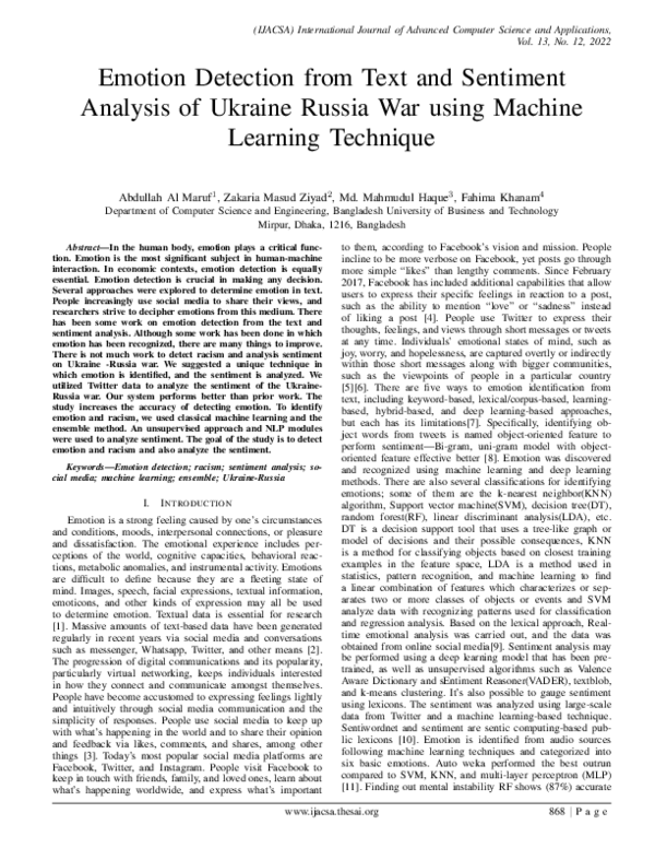 (PDF) Emotion Detection from Text and Sentiment Analysis of Ukraine ...