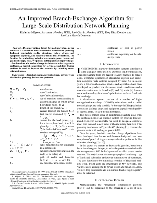 (PDF) An improved branch-exchange algorithm for large-scale distribution network planning
