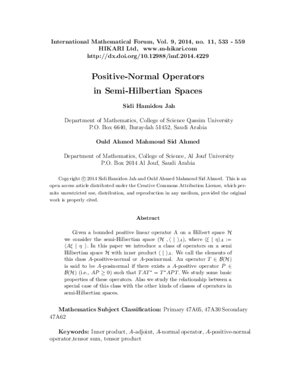 Pdf Positive Normal Operators In Semi Hilbertian Spaces