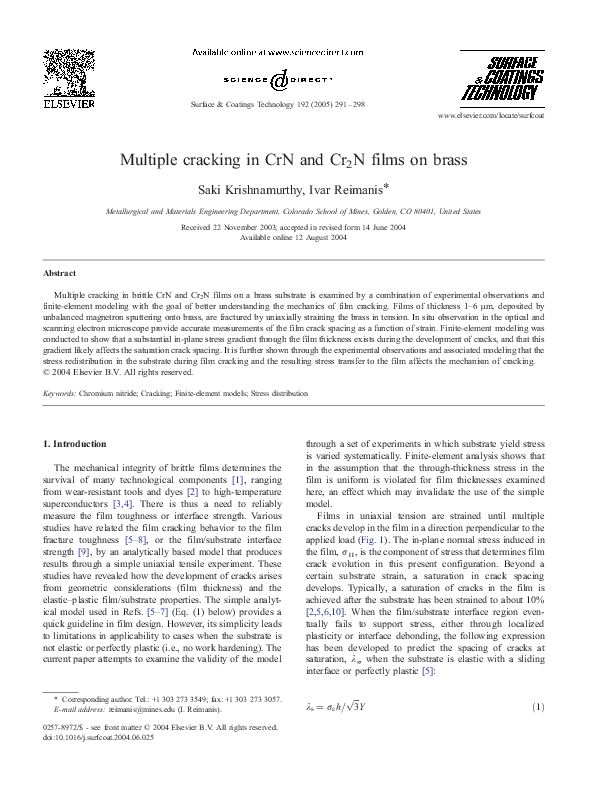 (PDF) Multiple cracking in CrN and Cr2N films on brass