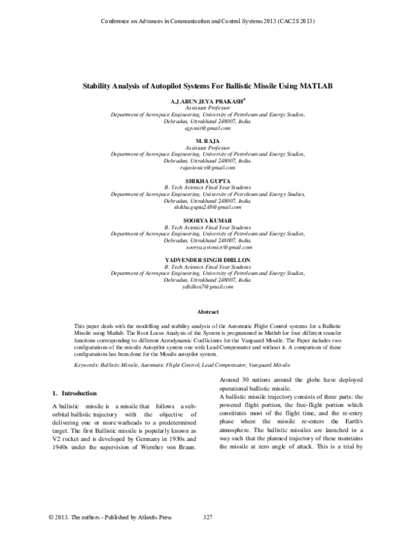 (PDF) Stability analysis of autopilot systems for ballistic missile using MATLAB