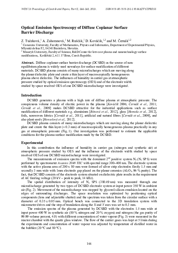 (PDF) Optical Emission Spectroscopy of Diffuse Coplanar Surface Barrier Discharge | D. Kováčik ...