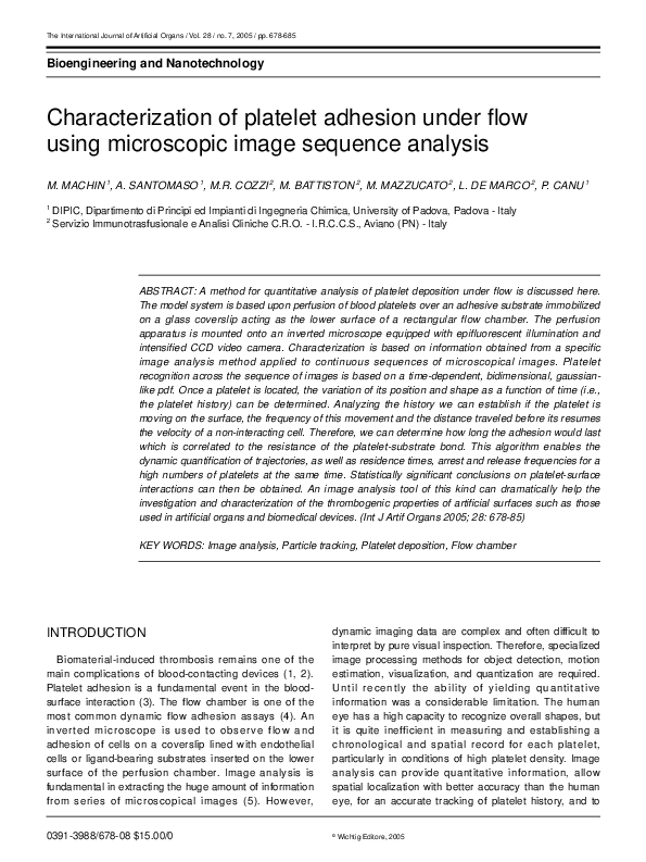Pdf Characterization Of Platelet Adhesion Under Flow Using Microscopic Image Sequence Analysis