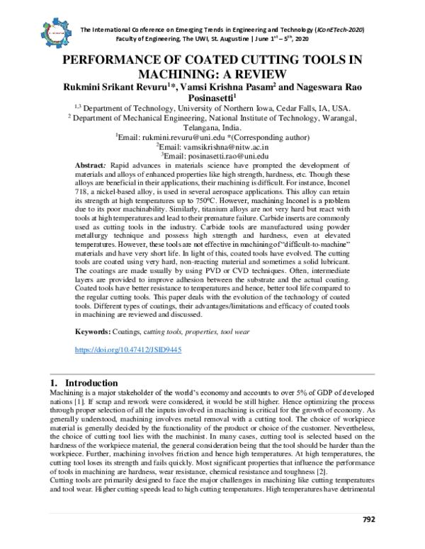 Pdf Performance Of Coated Cutting Tools In Machining A Review