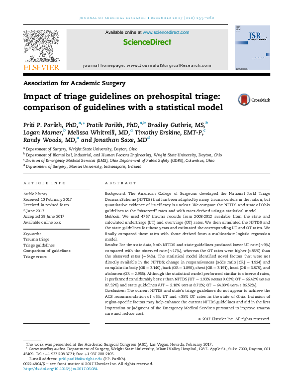 Pdf Impact Of Triage Guidelines On Prehospital Triage Comparison Of Guidelines With A