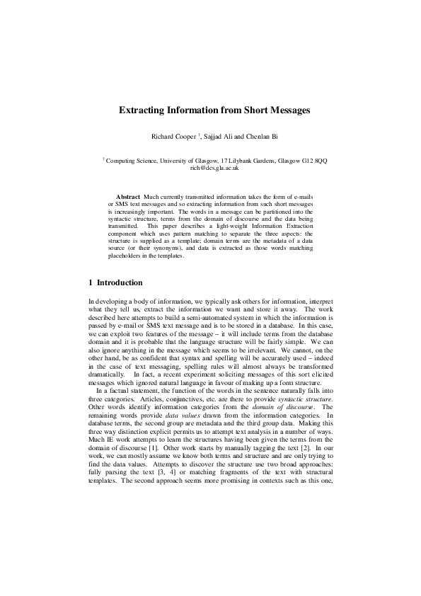 (PDF) Extracting Information from Short Messages