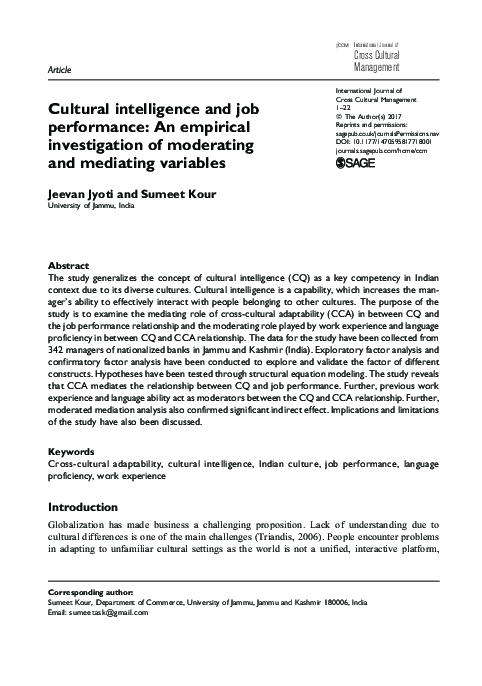(PDF) Cultural intelligence and job performance