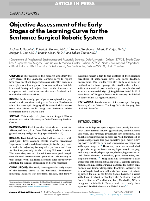 (PDF) Objective Assessment of the Early Stages of the Learning Curve for the Senhance Surgical ...