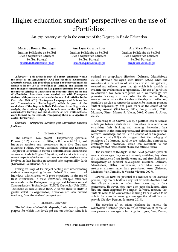 (PDF) Higher education students' perspectives on the use of ePortfolios.: An exploratory study ...