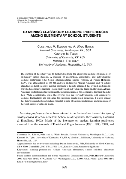 (PDF) Examining Classroom Learning Preferences Among Elementary School ...