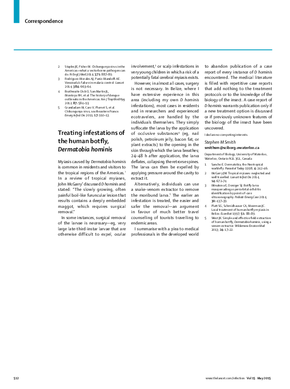 (PDF) Treating infestations of the human botfly, Dermatobia hominis