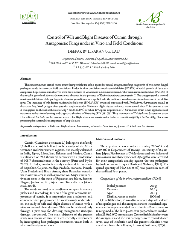 (PDF) Control of Wilt and Blight Diseases of Cumin through Antagonistic ...