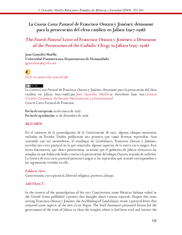 (PDF) La Cuarta Carta Pastoral de Francisco Orozco y Jiménez: detonante para la persecución del ...