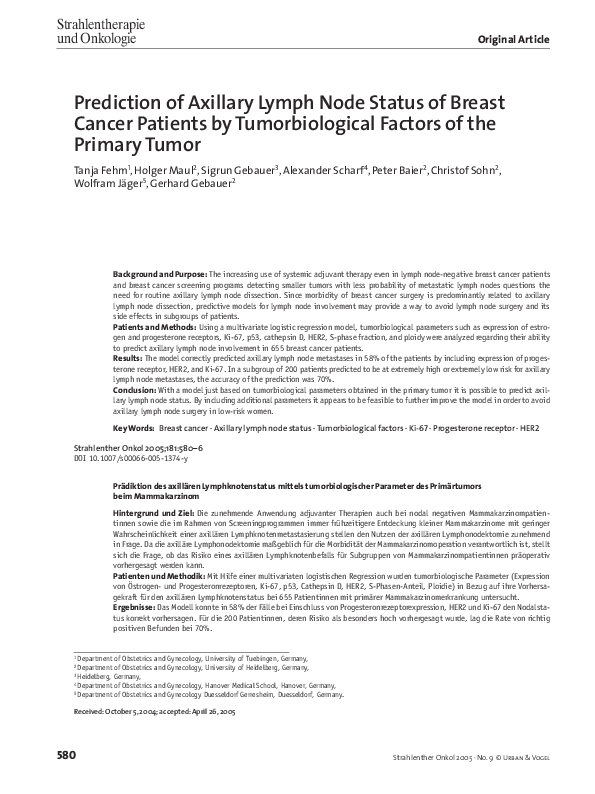 (PDF) Prediction of Axillary Lymph Node Status of Breast Cancer Patients by Tumorbiological ...