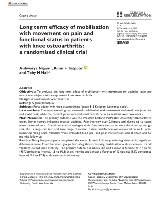 (PDF) Long term efficacy of mobilisation with movement on pain and ...