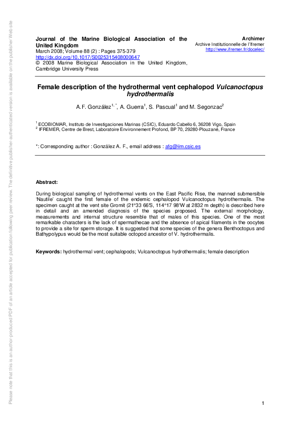 (PDF) Female description of the hydrothermal vent cephalopod ...