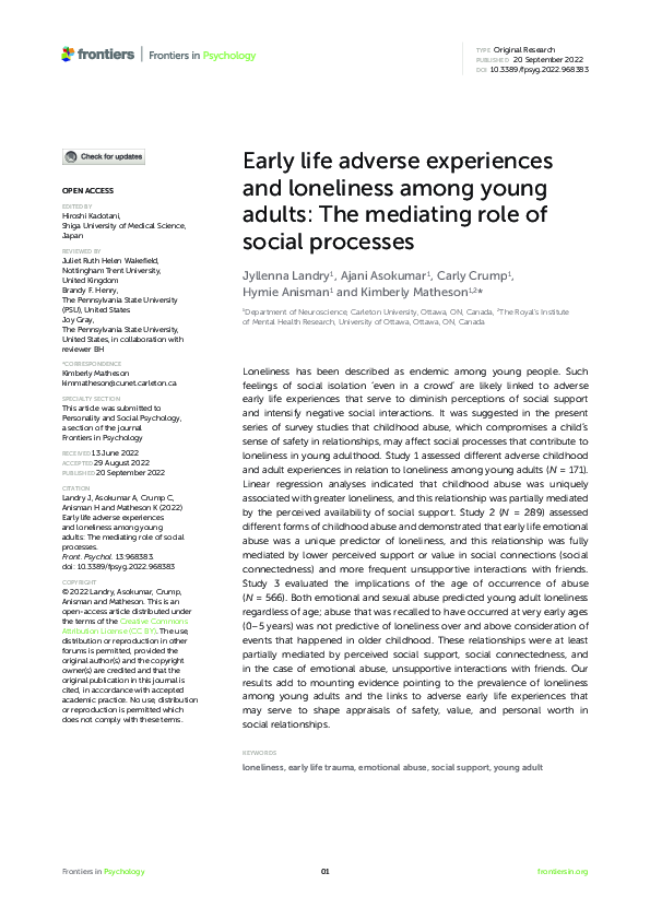 (PDF) Early life adverse experiences and loneliness among young adults ...