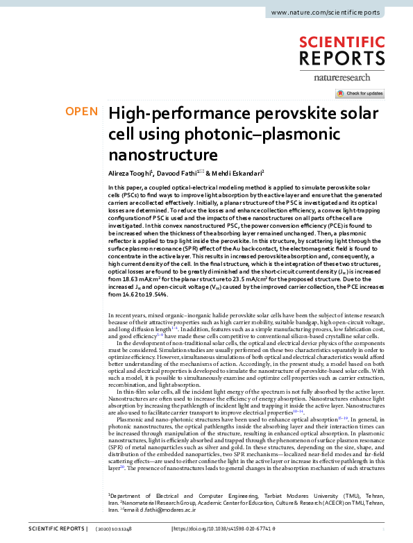 (PDF) High-performance perovskite solar cell using photonic–plasmonic nanostructure