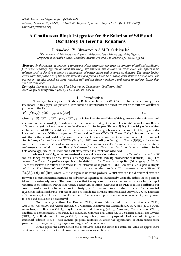 (PDF) A Continuous Block Integrator for the Solution of Stiff and Oscillatory Differential Equations