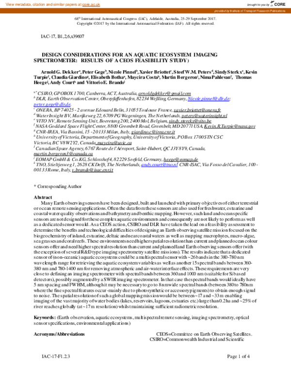 Pdf Design Considerations For An Aquatic Ecosystem Imaging Spectrometer Results Of A Ceos