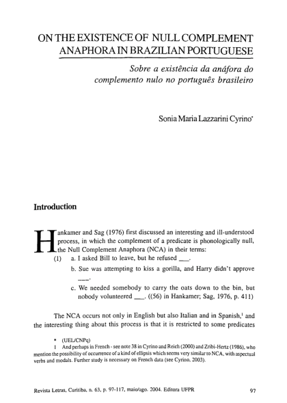 (PDF) On the Existence of Null Complement Anaphora in Brazilian Portuguese | Sonia Cyrino ...
