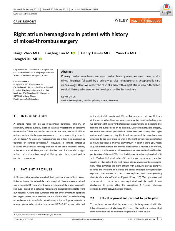 (PDF) Right atrium hemangioma in patient with history of mixed-thrombus ...