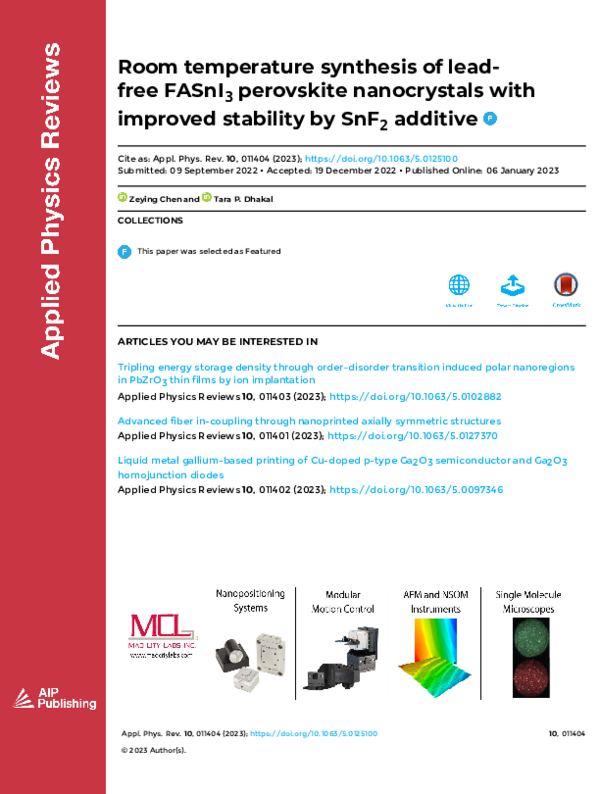 (PDF) Room temperature synthesis of lead-free FASnI3 perovskite ...