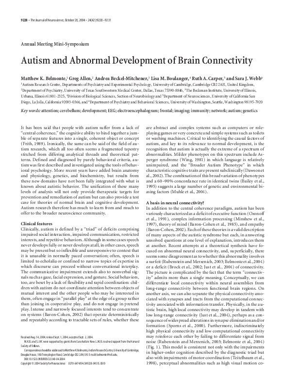 (PDF) Autism and Abnormal Development of Brain Connectivity