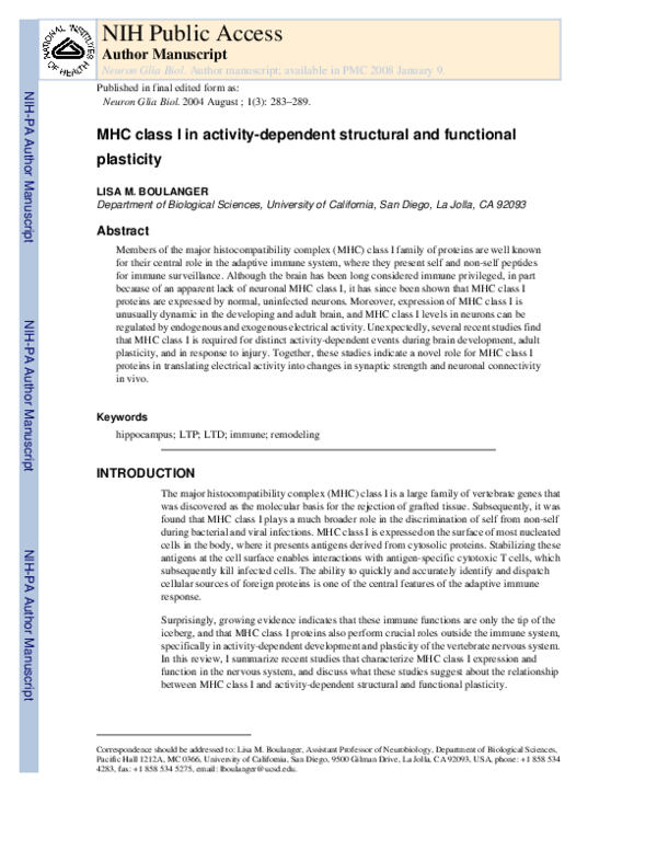(PDF) MHC class I in activity-dependent structural and functional ...
