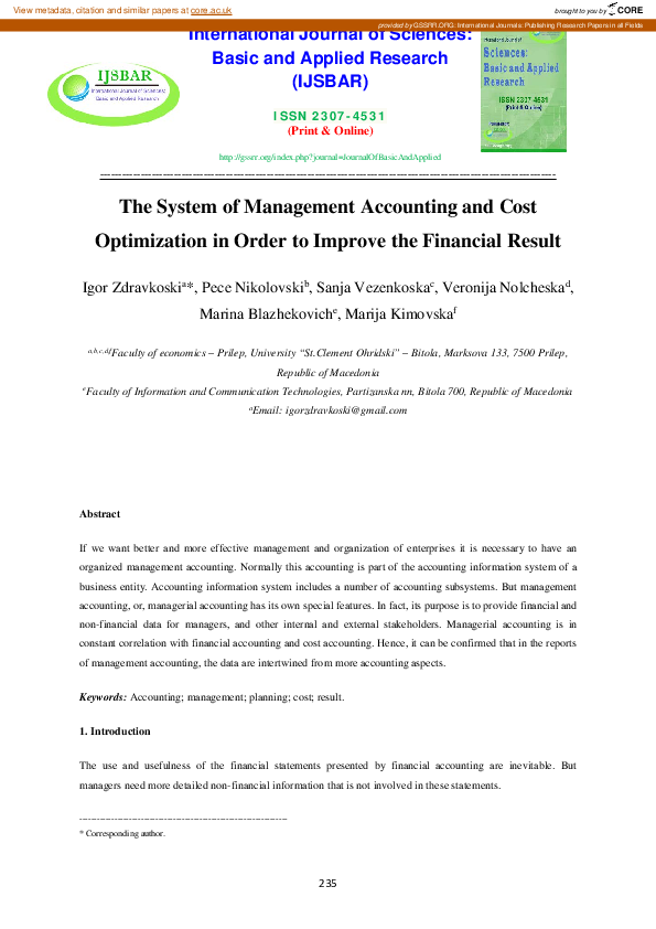 (PDF) The System of Management Accounting and Cost Optimization in ...