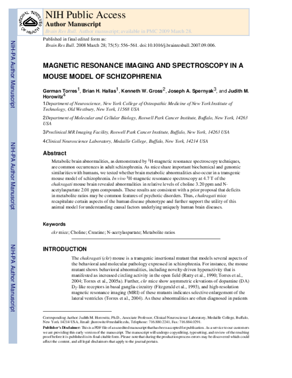 (PDF) Magnetic resonance imaging and spectroscopy in a mouse model of ...