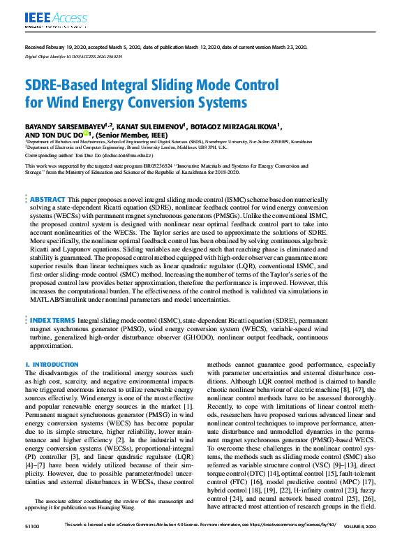 (PDF) SDRE-Based Integral Sliding Mode Control for Wind Energy ...