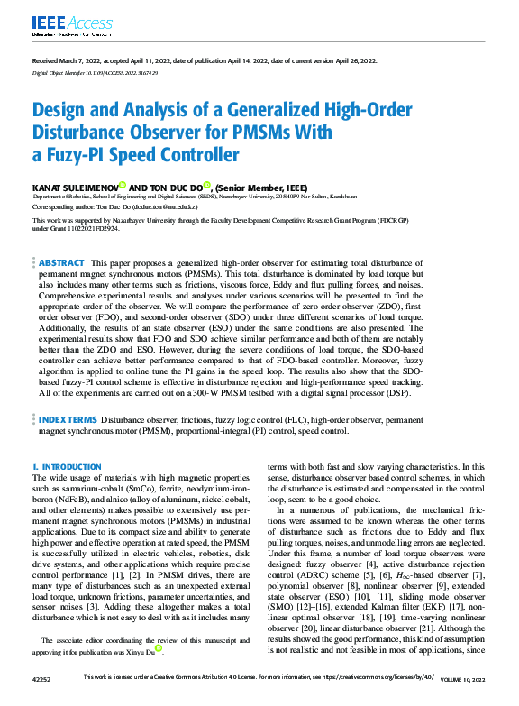 (PDF) Design and Analysis of a Generalized High-Order Disturbance Observer for PMSMs With a Fuzy ...