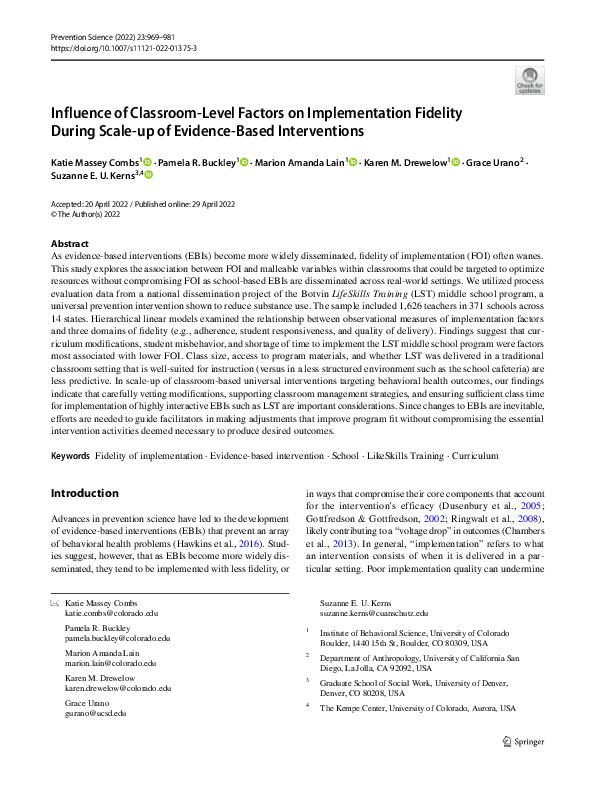 (PDF) Influence of Classroom-Level Factors on Implementation Fidelity During Scale-up of ...