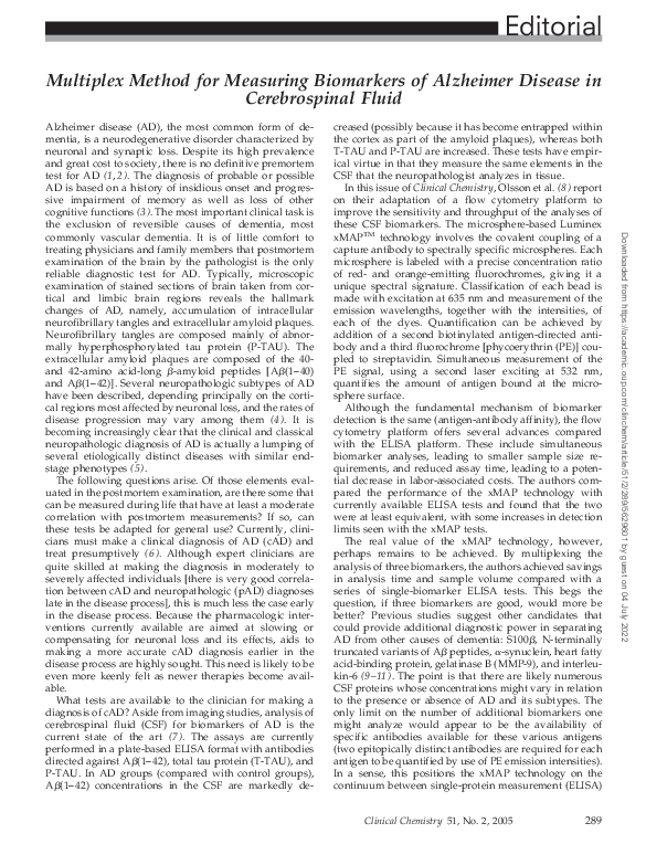 (PDF) Multiplex Method for Measuring Biomarkers of Alzheimer Disease in ...